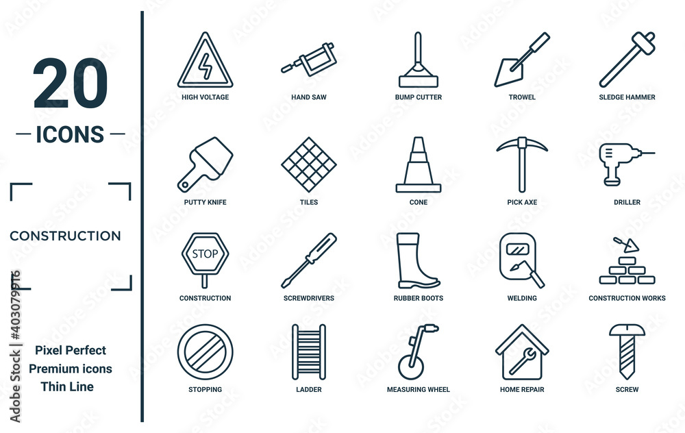 construction linear icon set. includes thin line high voltage, putty ...