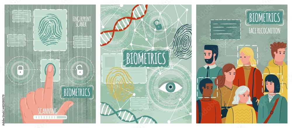 Biometric security technology posters. Hand drawn vector illustration ...