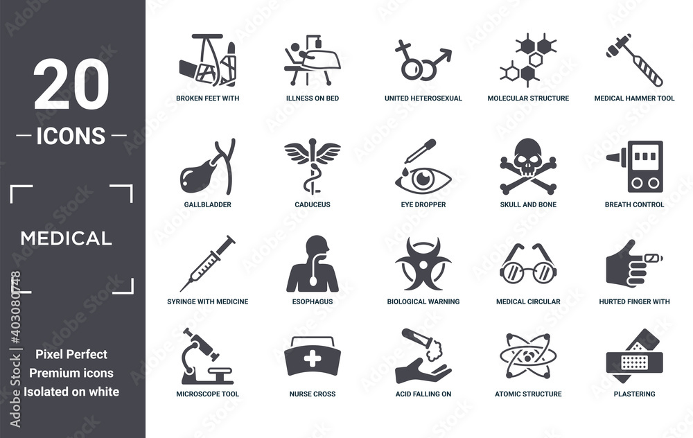 medical icon set. include creative elements as broken feet with bandage ...