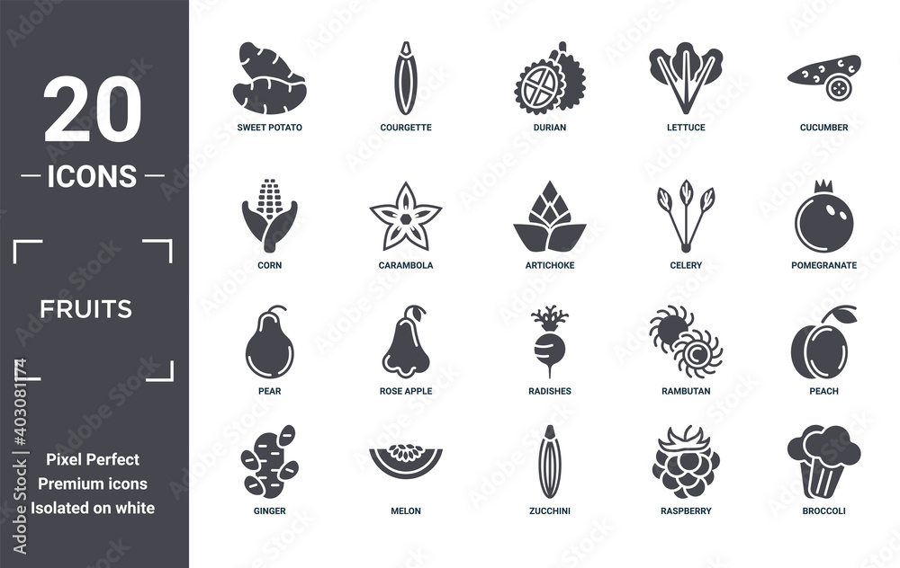 fruits icon set. include creative elements as sweet potato, cucumber ...