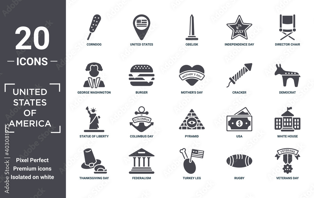 united.states.of.america icon set. include creative elements as corndog ...