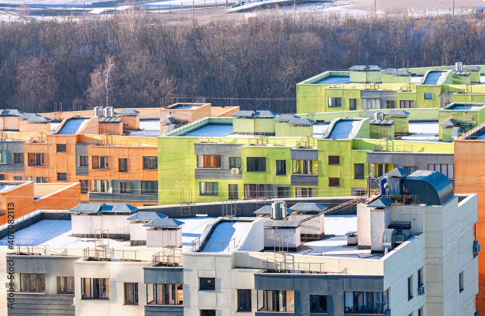 Flat roof of modern apartment house building exterior mixed-use urban ...