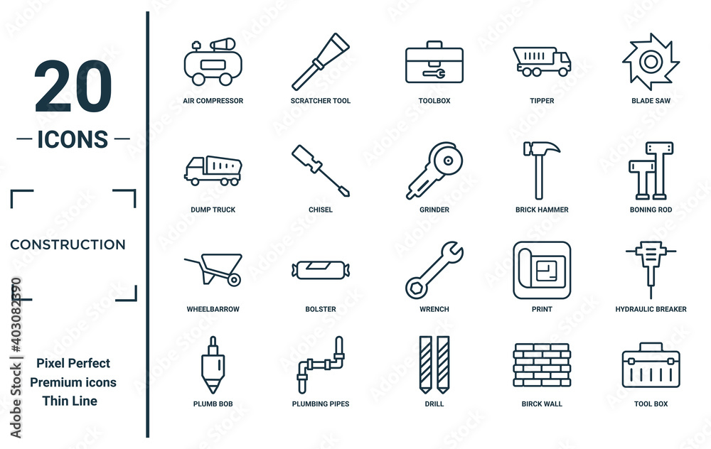 construction linear icon set. includes thin line air compressor, dump ...