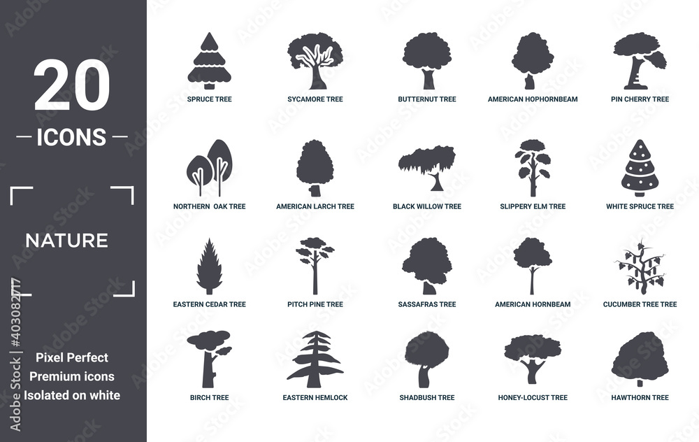 nature icon set. include creative elements as spruce tree, pin cherry ...
