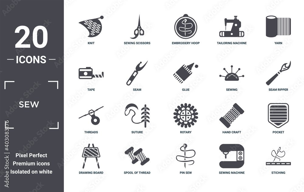sew icon set. include creative elements as knit, yarn, sewing, rotary ...