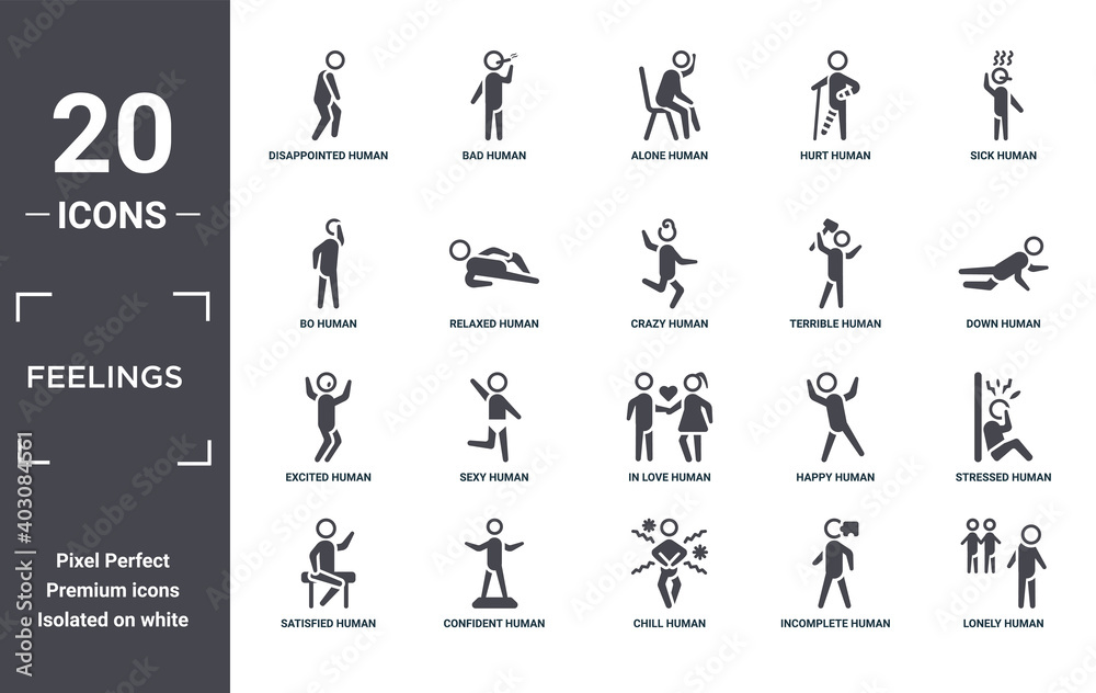 feelings icon set. include creative elements as disappointed human ...