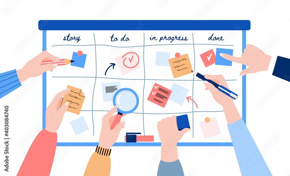 Concept of agile development. Human hands sticking papers on board for ... Concept of agile development. Human hands sticking papers on board for ...