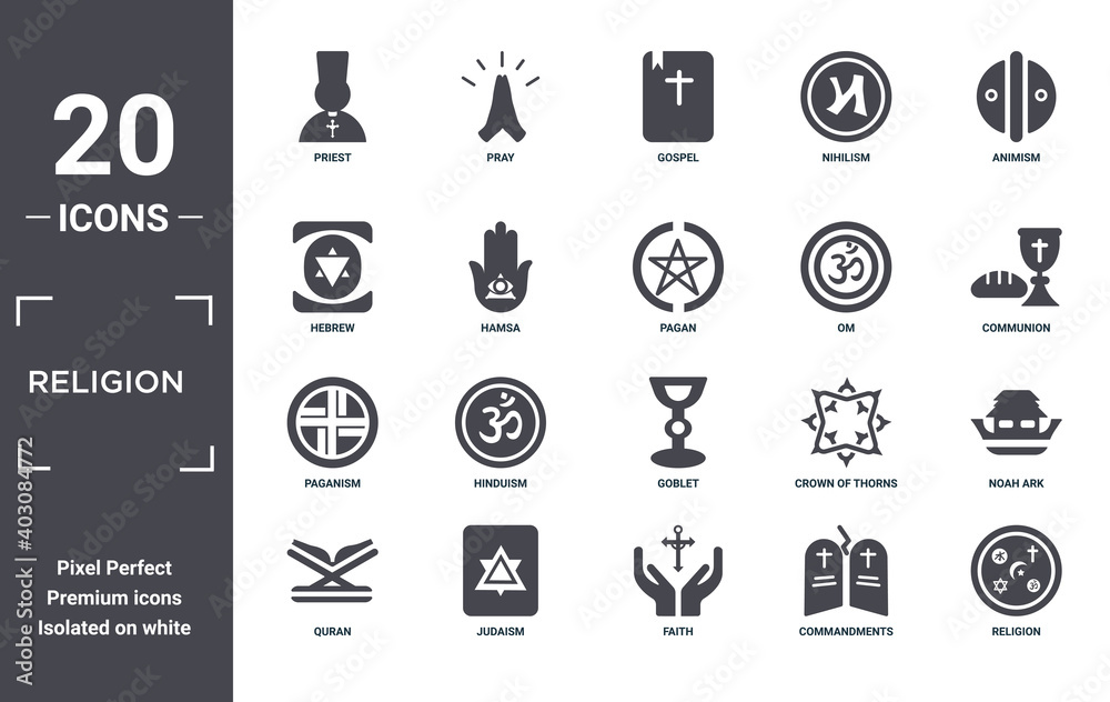 religion icon set. include creative elements as priest, animism, om ...