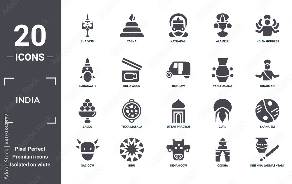 india icon set. include creative elements as shaivism, indian goddess ...