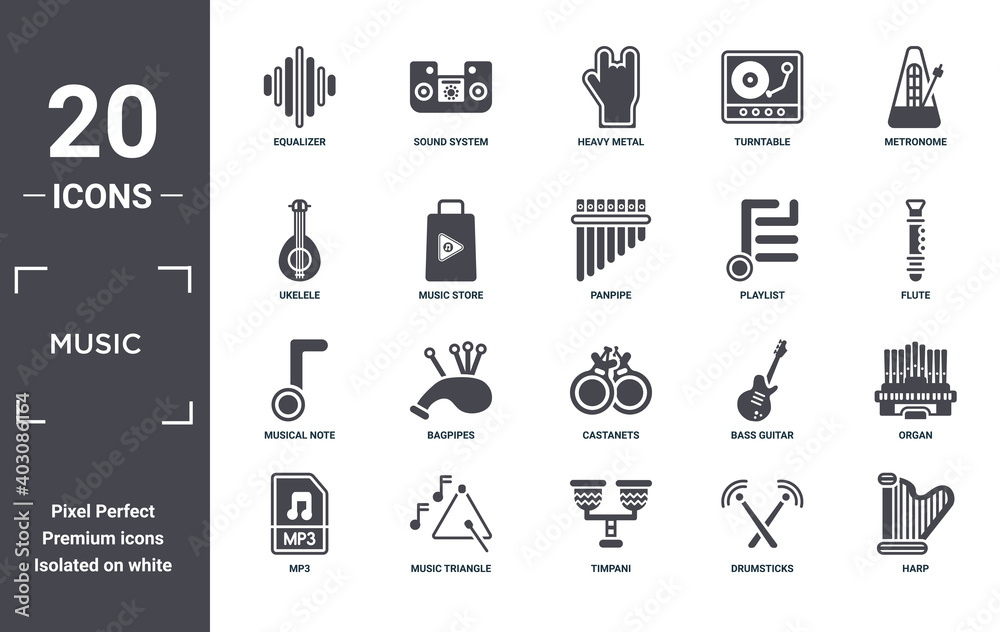 music icon set. include creative elements as equalizer, metronome ...