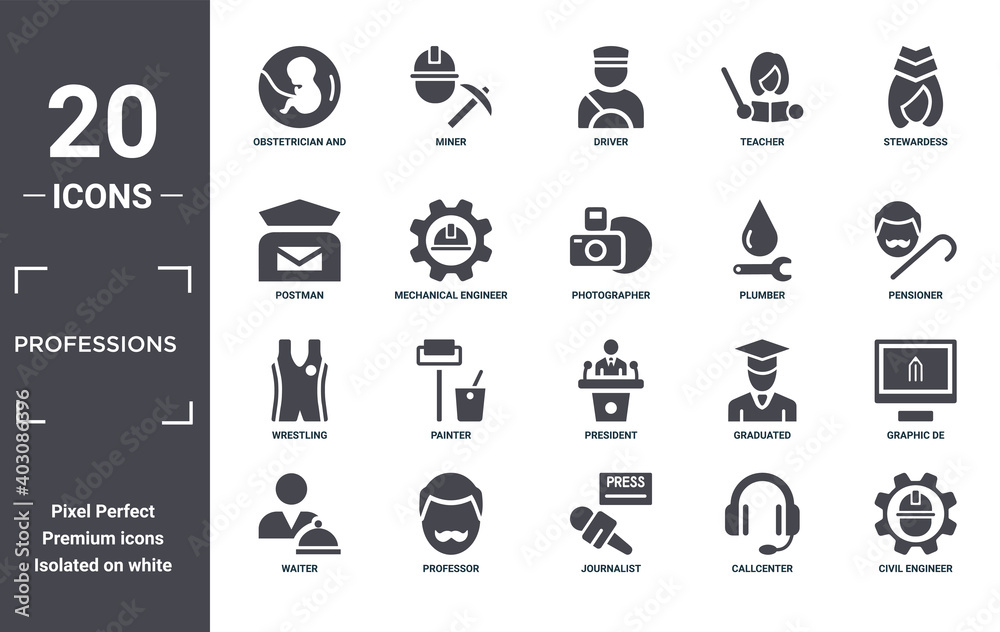 professions icon set. include creative elements as obstetrician and ...