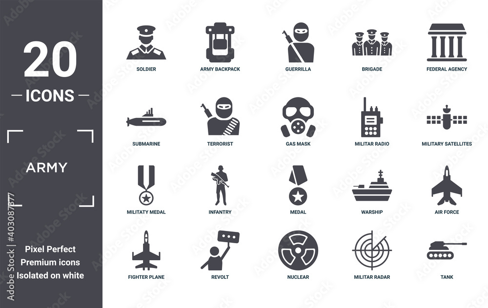 army icon set. include creative elements as soldier, federal agency ...