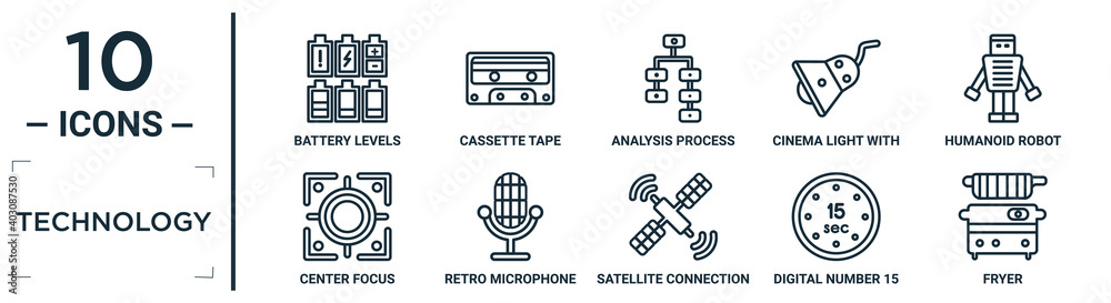 technology linear icon set. includes thin line battery levels, analysis ...