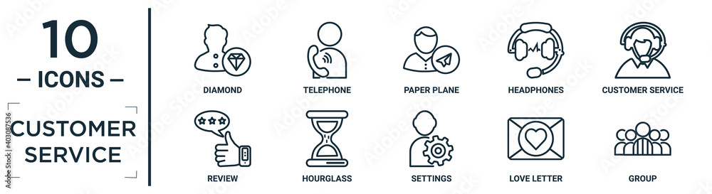 customer.service linear icon set. includes thin line diamond, paper ...