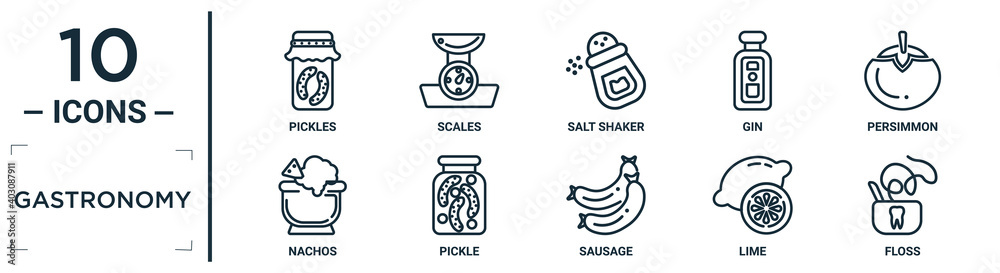 gastronomy linear icon set. includes thin line pickles, salt shaker ...
