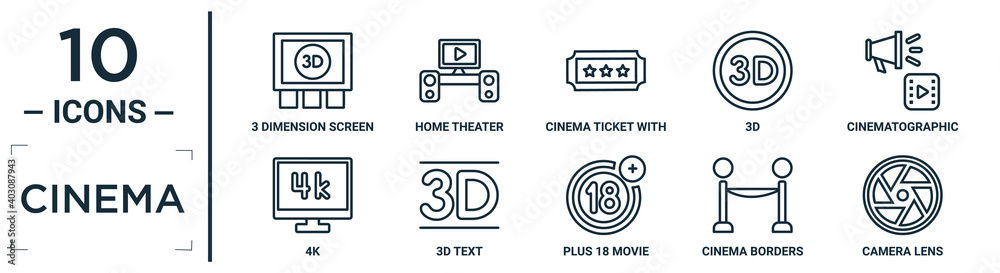 cinema linear icon set. includes thin line 3 dimension screen, cinema ...