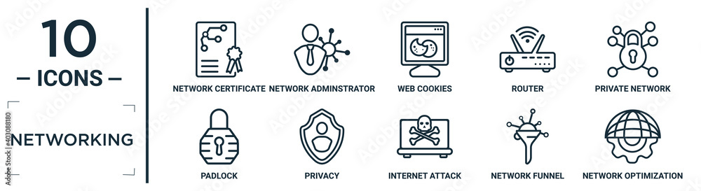 networking linear icon set. includes thin line network certificate, web ...