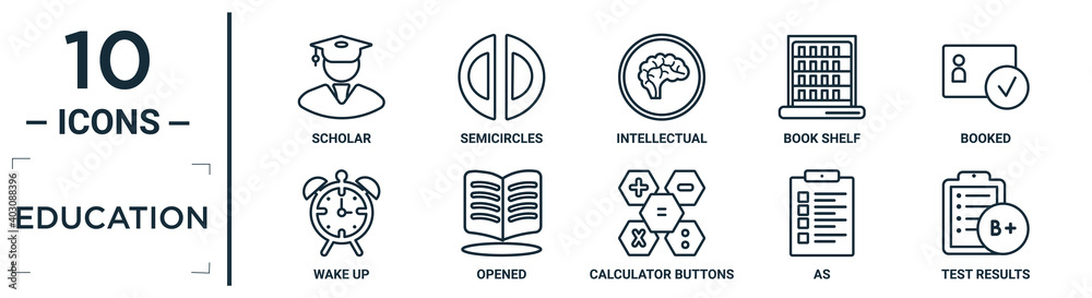 education linear icon set. includes thin line scholar, intellectual ...
