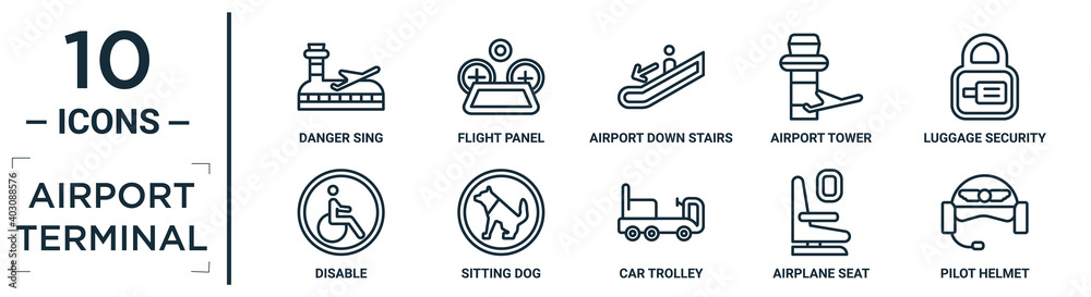 airport.terminal linear icon set. includes thin line danger sing ...