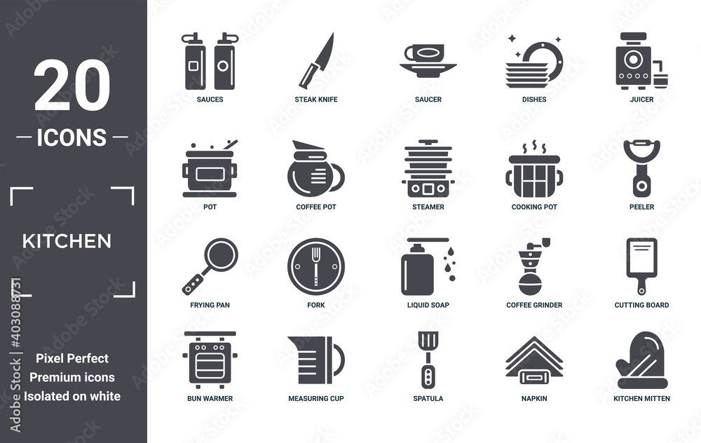 kitchen icon set. include creative elements as sauces, juicer, cooking ...