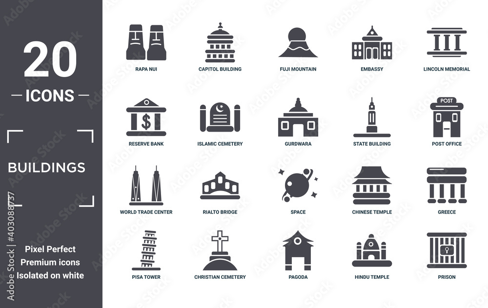buildings icon set. include creative elements as rapa nui, lincoln ...