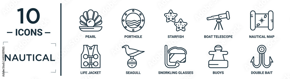 nautical linear icon set. includes thin line pearl, starfish, nautical ... nautical linear icon set. includes thin line pearl, starfish, nautical ...