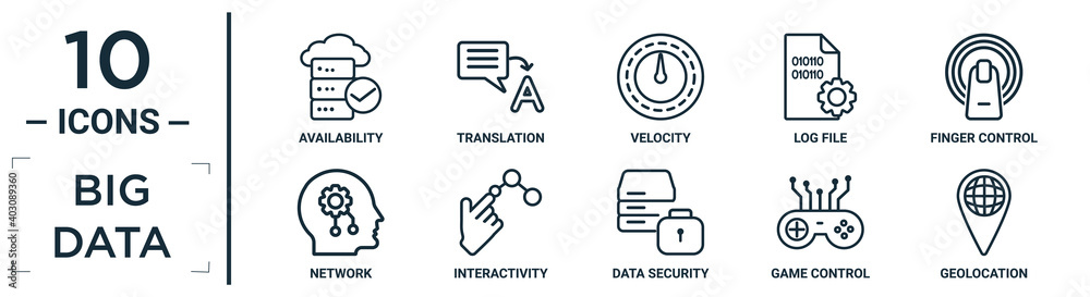 big.data linear icon set. includes thin line availability, velocity ...