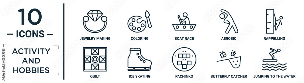 activity.and.hobbies linear icon set. includes thin line jewelry making ...