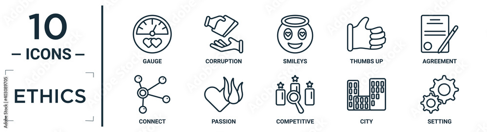 ethics linear icon set. includes thin line gauge, smileys, agreement ...
