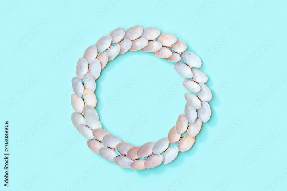 Frame from white and soft pink shells on turquoise color paper. Summer ...