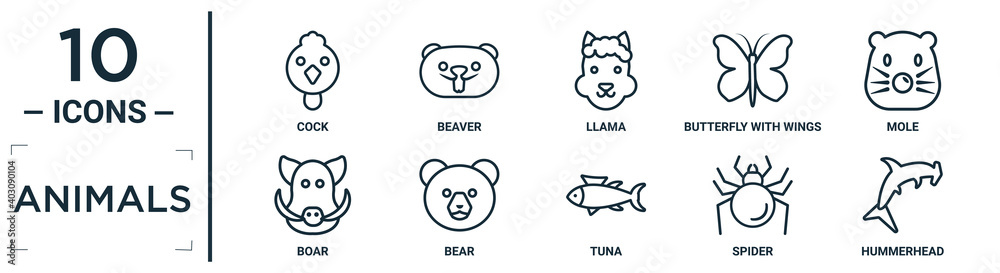 animals linear icon set. includes thin line cock, llama, mole, bear ...