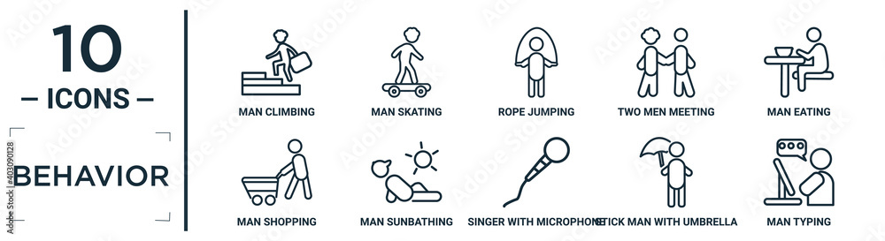 behavior linear icon set. includes thin line man climbing, rope jumping ...