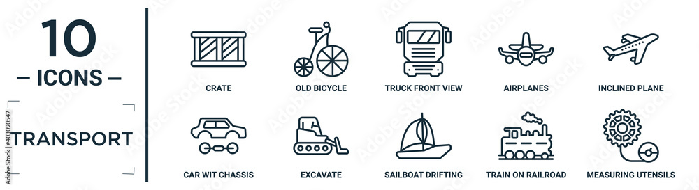 transport linear icon set. includes thin line crate, truck front view ...