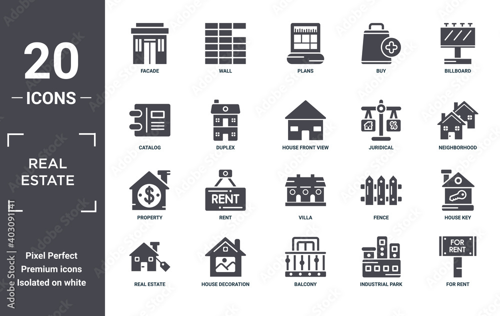 real.estate icon set. include creative elements as facade, billboard ...