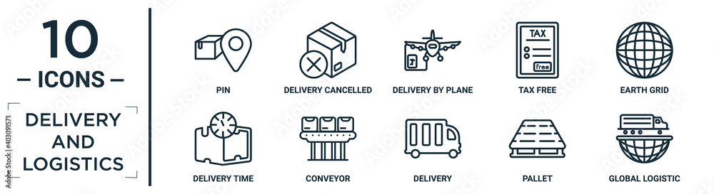 delivery.and.logistics linear icon set. includes thin line pin ...