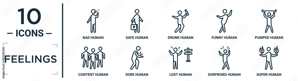 feelings linear icon set. includes thin line bad human, drunk human ...