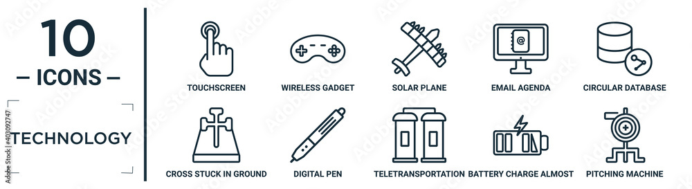 technology linear icon set. includes thin line touchscreen, solar plane, circular database ...
