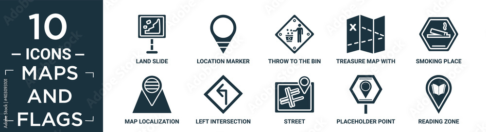 filled maps and flags icon set. contain flat land slide, location ...