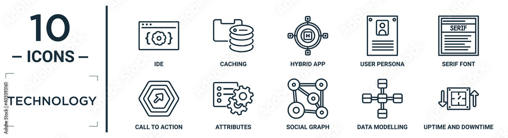 technology linear icon set. includes thin line ide, hybrid app, serif ...