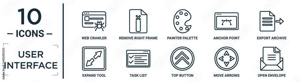 user.interface linear icon set. includes thin line web crawler, painter ...