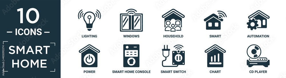 filled smart home icon set. contain flat lighting, windows, household ...