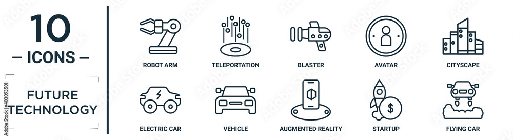future.technology linear icon set. includes thin line robot arm ...
