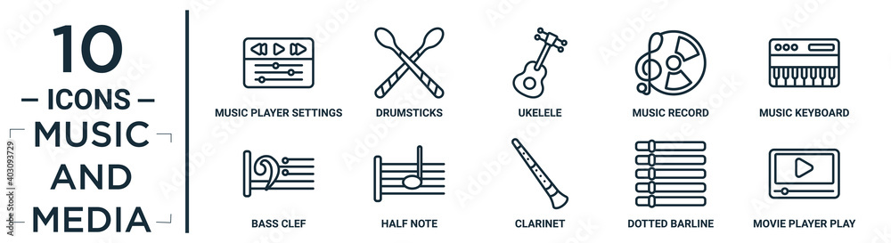 music.and.media linear icon set. includes thin line music player ...