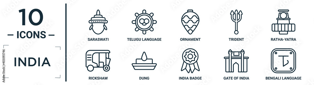 india linear icon set. includes thin line saraswati, ornament, ratha ...