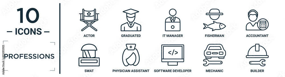 professions linear icon set. includes thin line actor, it manager ...