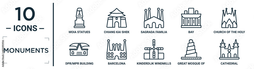 monuments linear icon set. includes thin line moia statues, sagrada ...