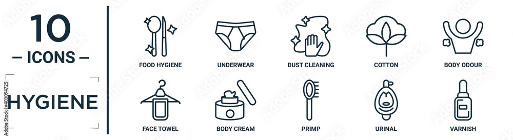 hygiene linear icon set. includes thin line food hygiene, dust cleaning ...