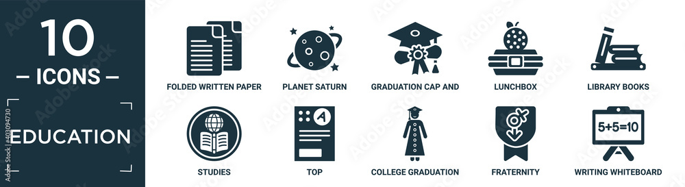 filled education icon set. contain flat folded written paper, planet ...