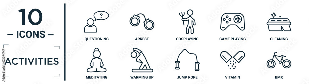 activities linear icon set. includes thin line questioning, cosplaying ...
