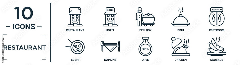 restaurant linear icon set. includes thin line restaurant, bellboy ...